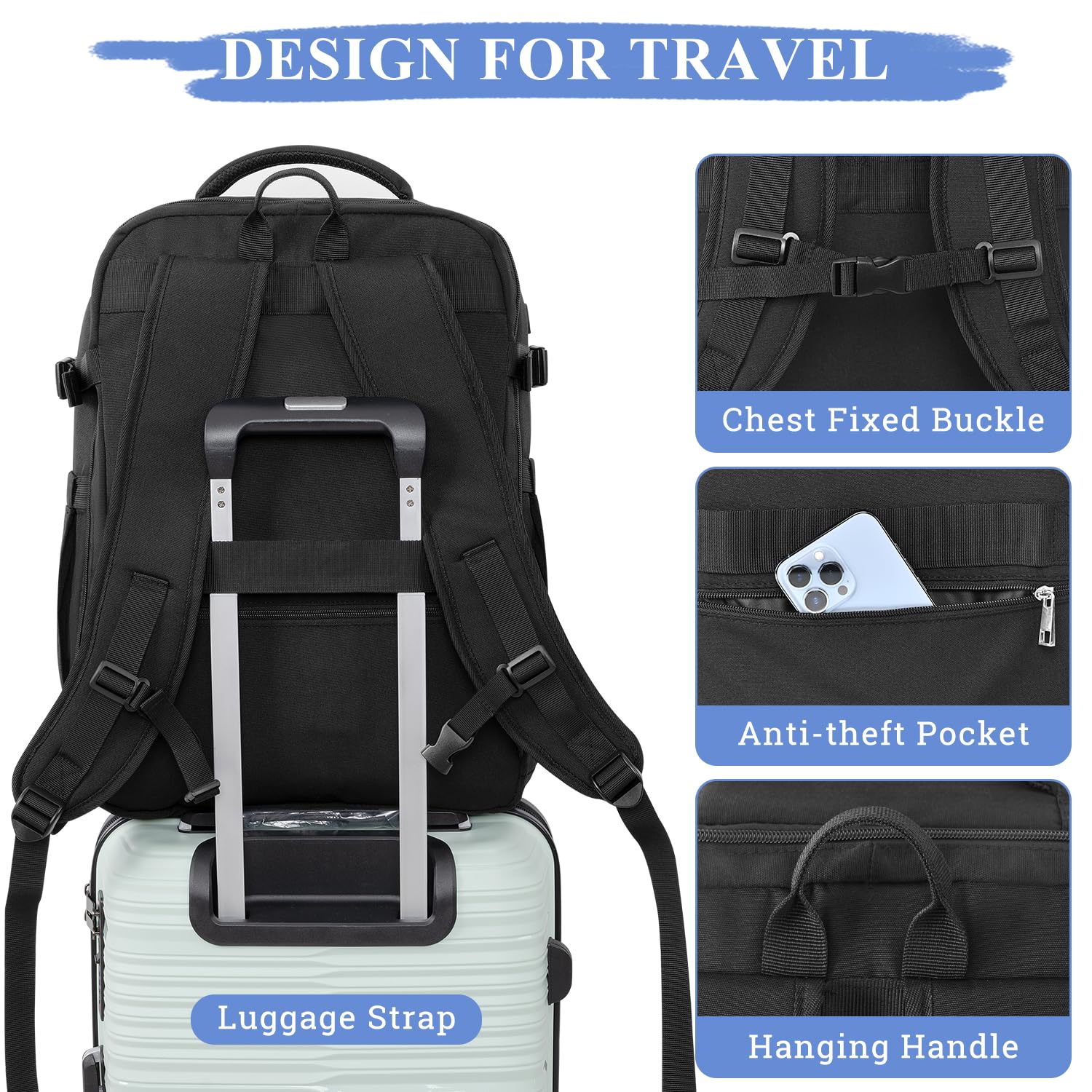 Sinaliy Personal Item Backpack, 40L Large Travel Backpack for Women Men, Waterproof Carry on Backpack for College, Business, Work