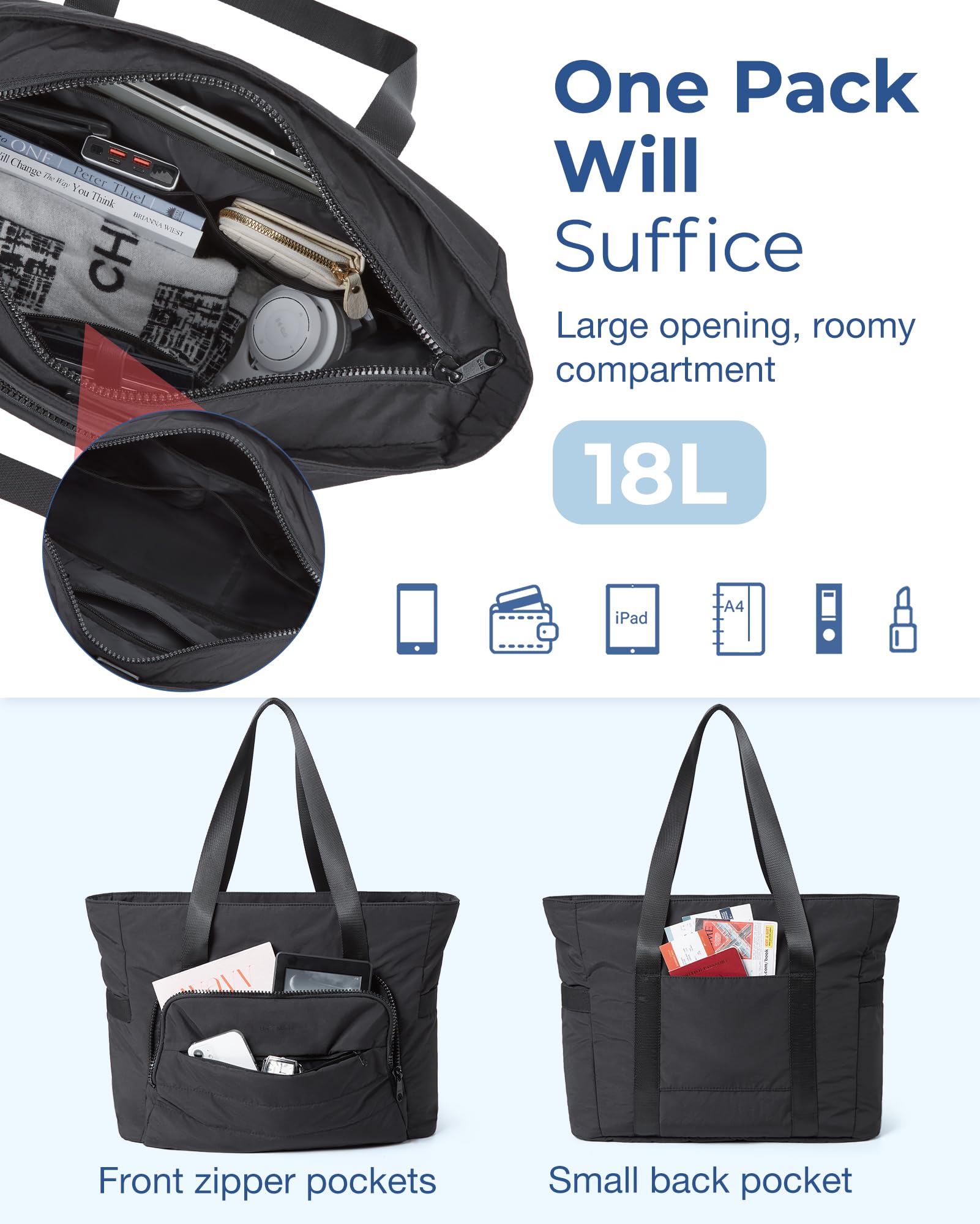 BAGSMART Quilted Tote Bag with Compartments and Yoga Mat Strap, Lightweight Large Shoulder Bag for Travel Work Gym