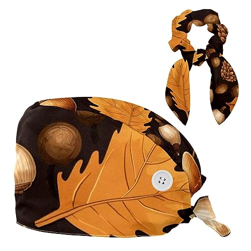 Happy Thanksgiving Acorns Bouffant Working Cap with Ribbon Tie for Women Long Hair, Scrub Surgical Hat, One Size Head Cover