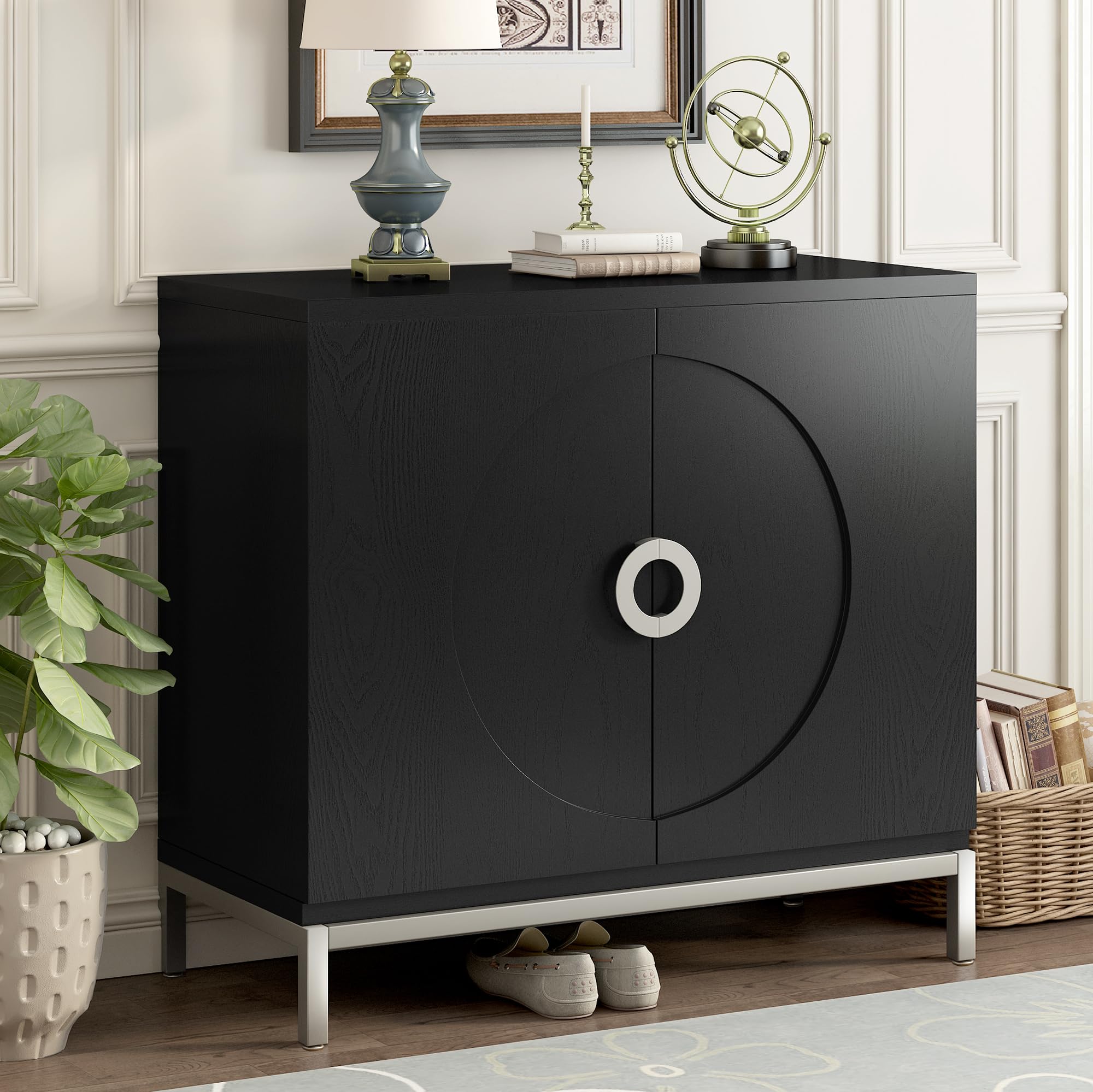 Bellemave Storage Cabinet with 2 Doors and Adjustable Shelves Wood Sideboard Buffet Cabinet with Storage and Metal Leg Accent Cabinets for Living Room Entryway Dining Room, Black