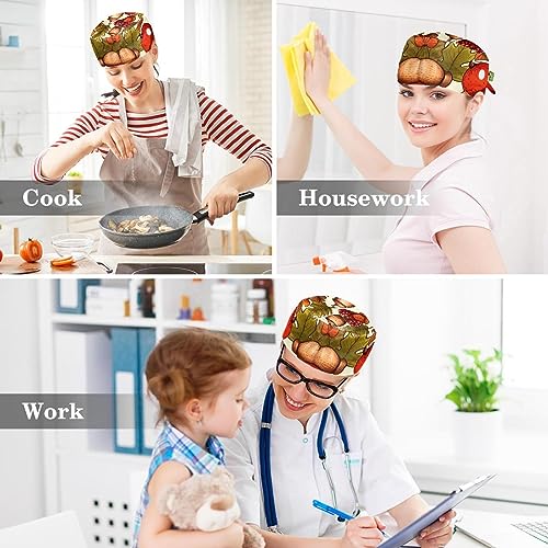 Happy Thanksgiving Acorns Bouffant Working Cap with Ribbon Tie for Women Long Hair, Scrub Surgical Hat, One Size Head Cover