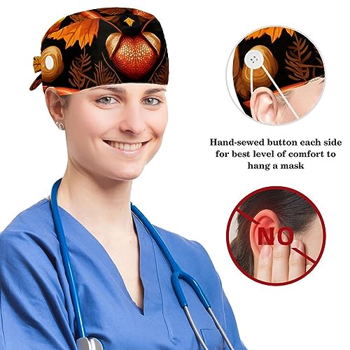 Happy Thanksgiving Acorns Bouffant Working Cap with Ribbon Tie for Women Long Hair, Scrub Surgical Hat, One Size Head Cover