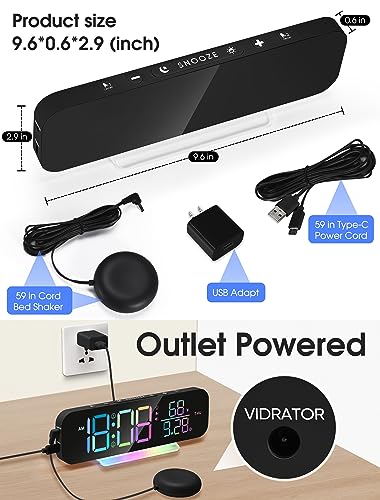 Cadmos Extra Loud Vibrating Alarm Clock with Bed Shaker for Heavy Sleepers,Hearing Impaired Deaf,Adjustable Volume,Dimmer,Large LED Digital with RGB Night Light for Bedrooms,Kids,Teens(Black)