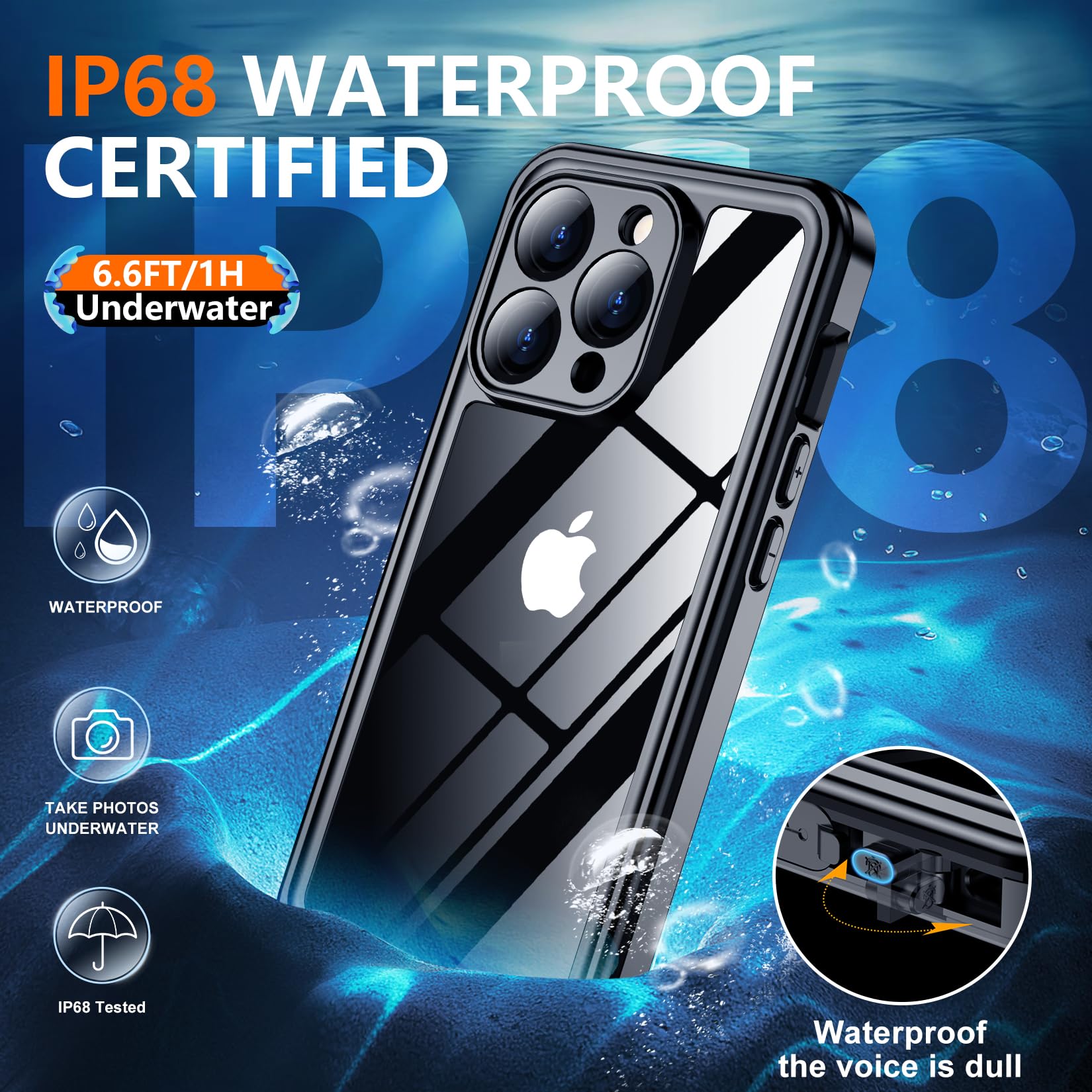 Justcool for iPhone 15 Pro Max Case Waterproof [14FT Military Dropproof] [IP68 Underwater] Built-in Screen Protector & [Tempered Glass Camera Lens Protector] Full Body Shockproof Phone Case, Black