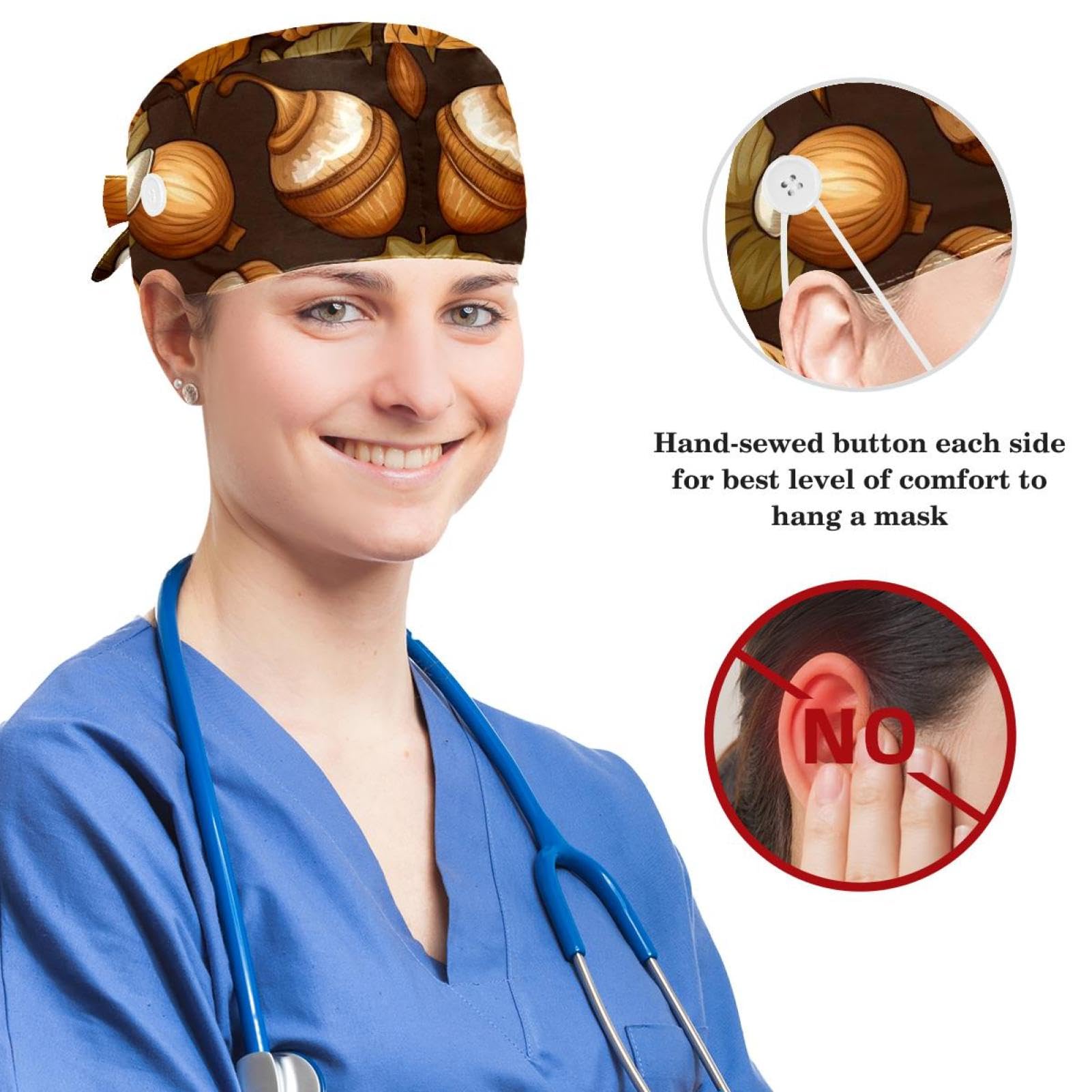 Happy Thanksgiving Acorns Bouffant Working Cap with Ribbon Tie for Women Long Hair, Scrub Surgical Hat, One Size Head Cover