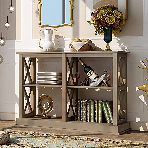 Livavege Console 3-Tier Open Storage, Narrow Sofa Entry Way w/Wood X-Shaped Frame, Entrance Tables for Small Space, Living Room, Entryway, Foyer, Hallway, Office, Natural