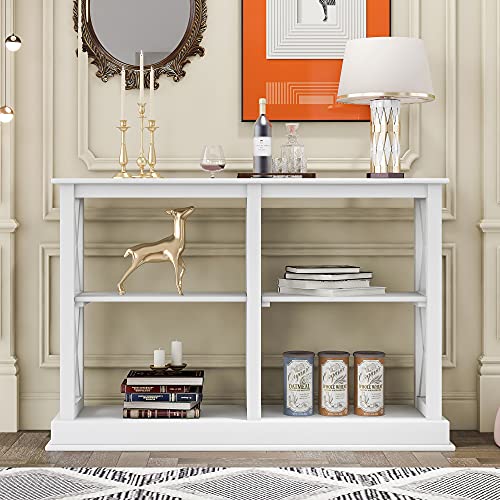 Livavege Console 3-Tier Open Storage, Narrow Sofa Entry Way w/Wood X-Shaped Frame, Entrance Tables for Small Space, Living Room, Entryway, Foyer, Hallway, Office, White