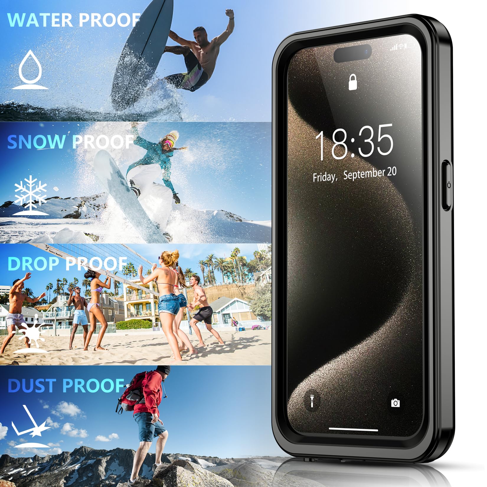 Justcool for iPhone 15 Pro Max Case Waterproof [14FT Military Dropproof] [IP68 Underwater] Built-in Screen Protector & [Tempered Glass Camera Lens Protector] Full Body Shockproof Phone Case, Black