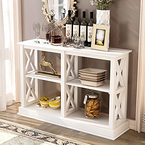 Livavege Console 3-Tier Open Storage, Narrow Sofa Entry Way w/Wood X-Shaped Frame, Entrance Tables for Small Space, Living Room, Entryway, Foyer, Hallway, Office, White