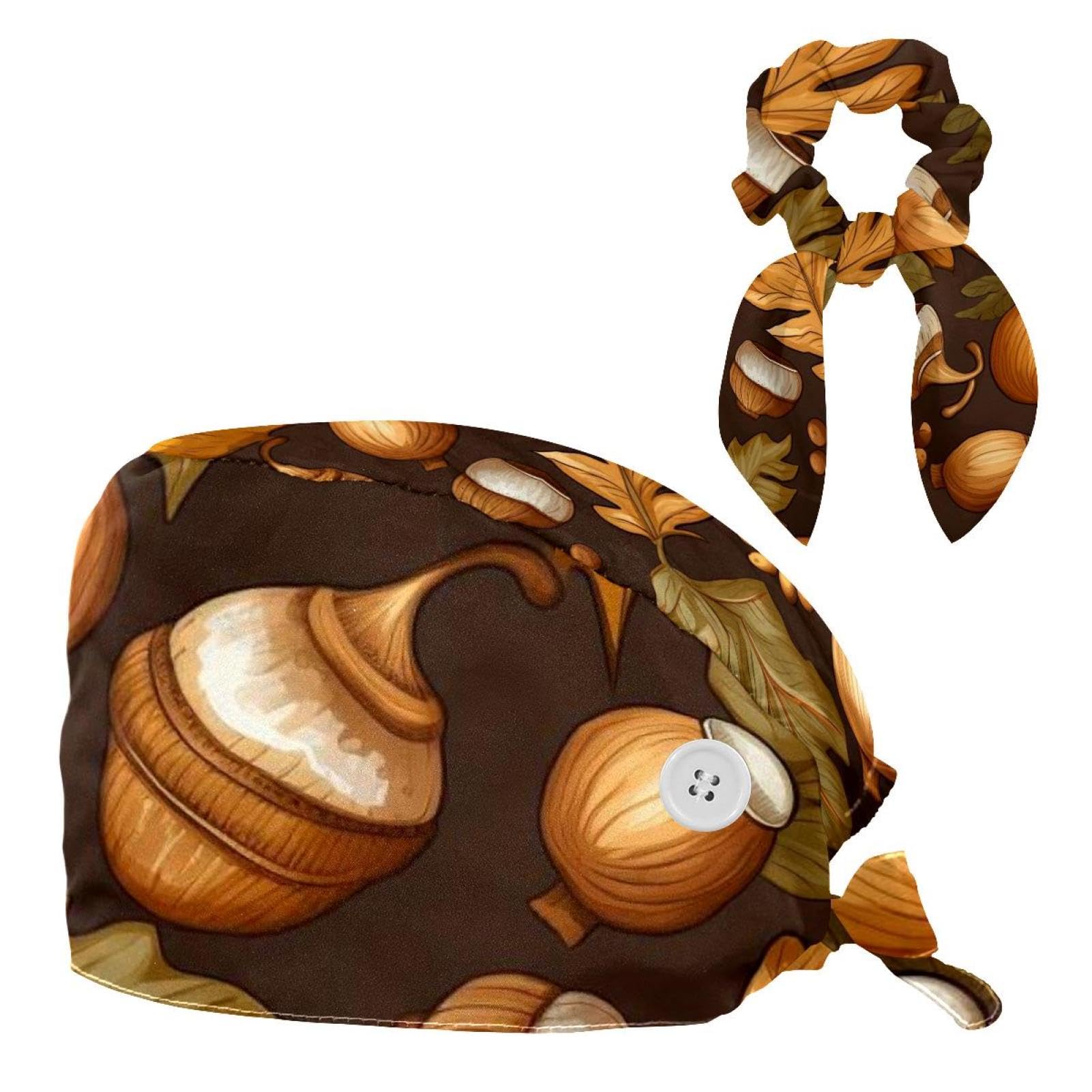 Happy Thanksgiving Acorns Bouffant Working Cap with Ribbon Tie for Women Long Hair, Scrub Surgical Hat, One Size Head Cover