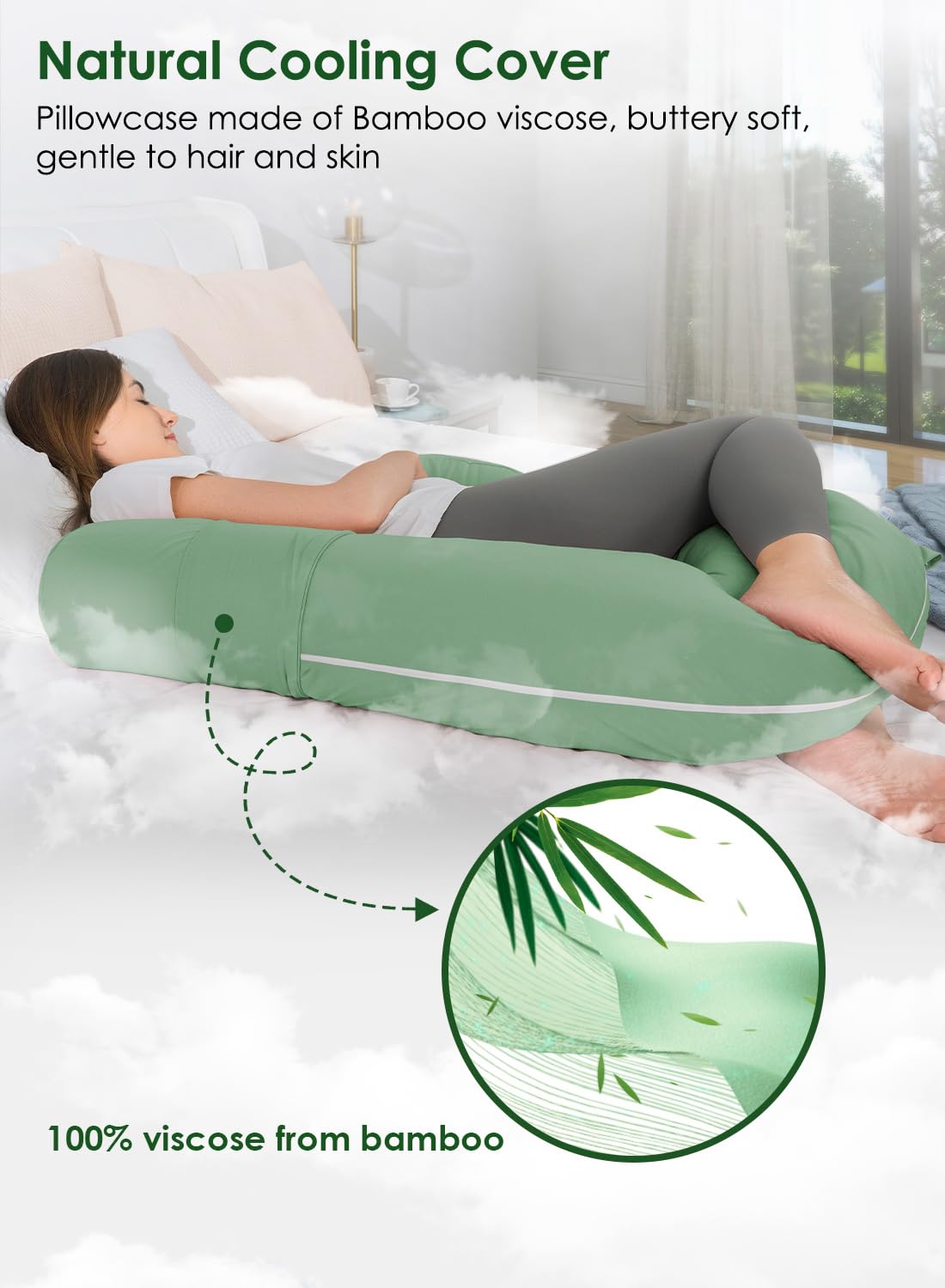 QUEEN ROSE Pregnancy Pillows, Cooling Body Pillow for Pregnancy Sleeping, F Shaped Maternity Pillow for Pregnant Women, Back & Belly Support, Pregnancy Must Haves, Green