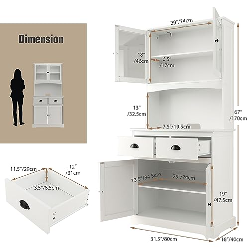 PETSITE Kitchen Hutch Storage Cabinet, Pantry Buffet Cabinet w/Tempered Glass Doors, Double Drawers, Adjustable Shelves & Anti-toppling Fitting, Tall Cupboard for Dining Room (White)