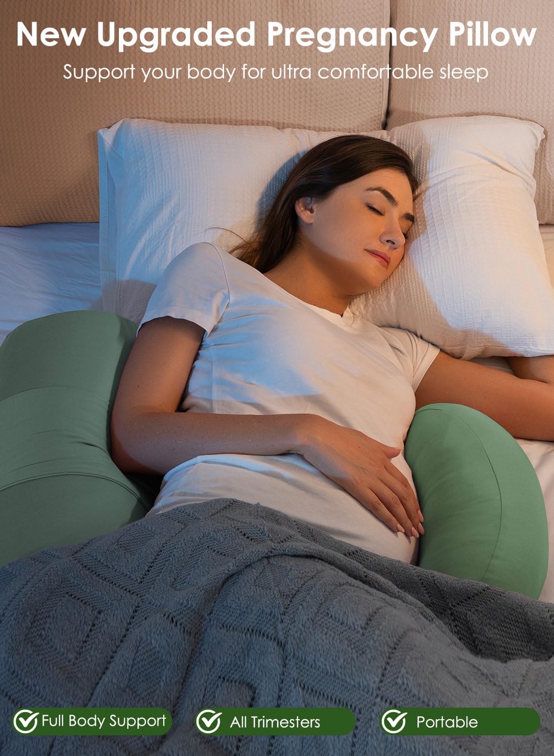 QUEEN ROSE Pregnancy Pillows, Cooling Body Pillow for Pregnancy Sleeping, F Shaped Maternity Pillow for Pregnant Women, Back & Belly Support, Pregnancy Must Haves, Green