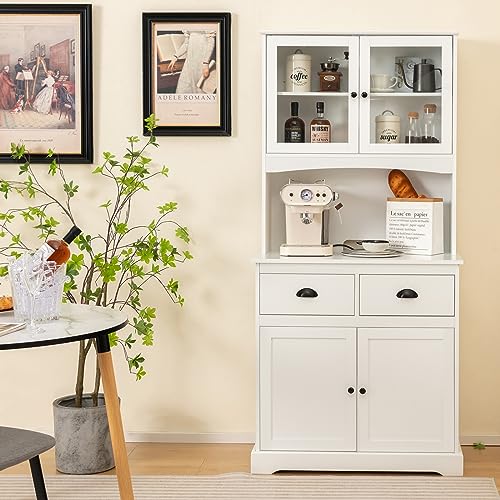 PETSITE Kitchen Hutch Storage Cabinet, Pantry Buffet Cabinet w/Tempered Glass Doors, Double Drawers, Adjustable Shelves & Anti-toppling Fitting, Tall Cupboard for Dining Room (White)