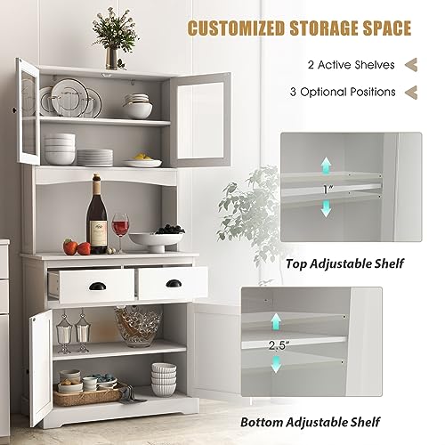 PETSITE Kitchen Hutch Storage Cabinet, Pantry Buffet Cabinet w/Tempered Glass Doors, Double Drawers, Adjustable Shelves & Anti-toppling Fitting, Tall Cupboard for Dining Room (White)