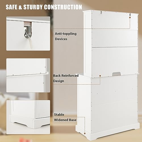 PETSITE Kitchen Hutch Storage Cabinet, Pantry Buffet Cabinet w/Tempered Glass Doors, Double Drawers, Adjustable Shelves & Anti-toppling Fitting, Tall Cupboard for Dining Room (White)