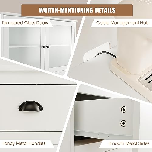 PETSITE Kitchen Hutch Storage Cabinet, Pantry Buffet Cabinet w/Tempered Glass Doors, Double Drawers, Adjustable Shelves & Anti-toppling Fitting, Tall Cupboard for Dining Room (White)