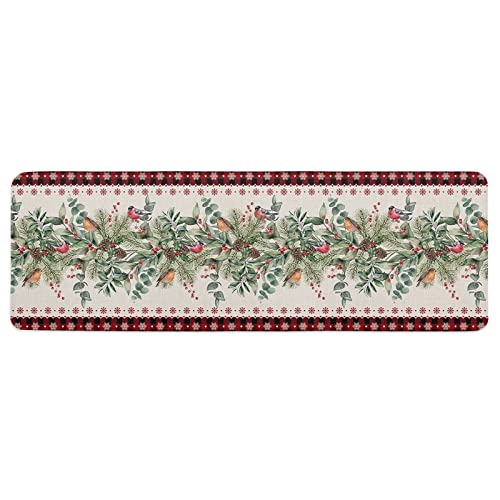 Kitchen Mat Rug 1 PCS Christmas Bird Poinsettia Pine Cone Red Plaid Linen Runner Rug Anti-Fatigue Comfort Memory Foam Standing Mat Non-Slip Floor Door Mat for Bathroom Bedroom 24x71in