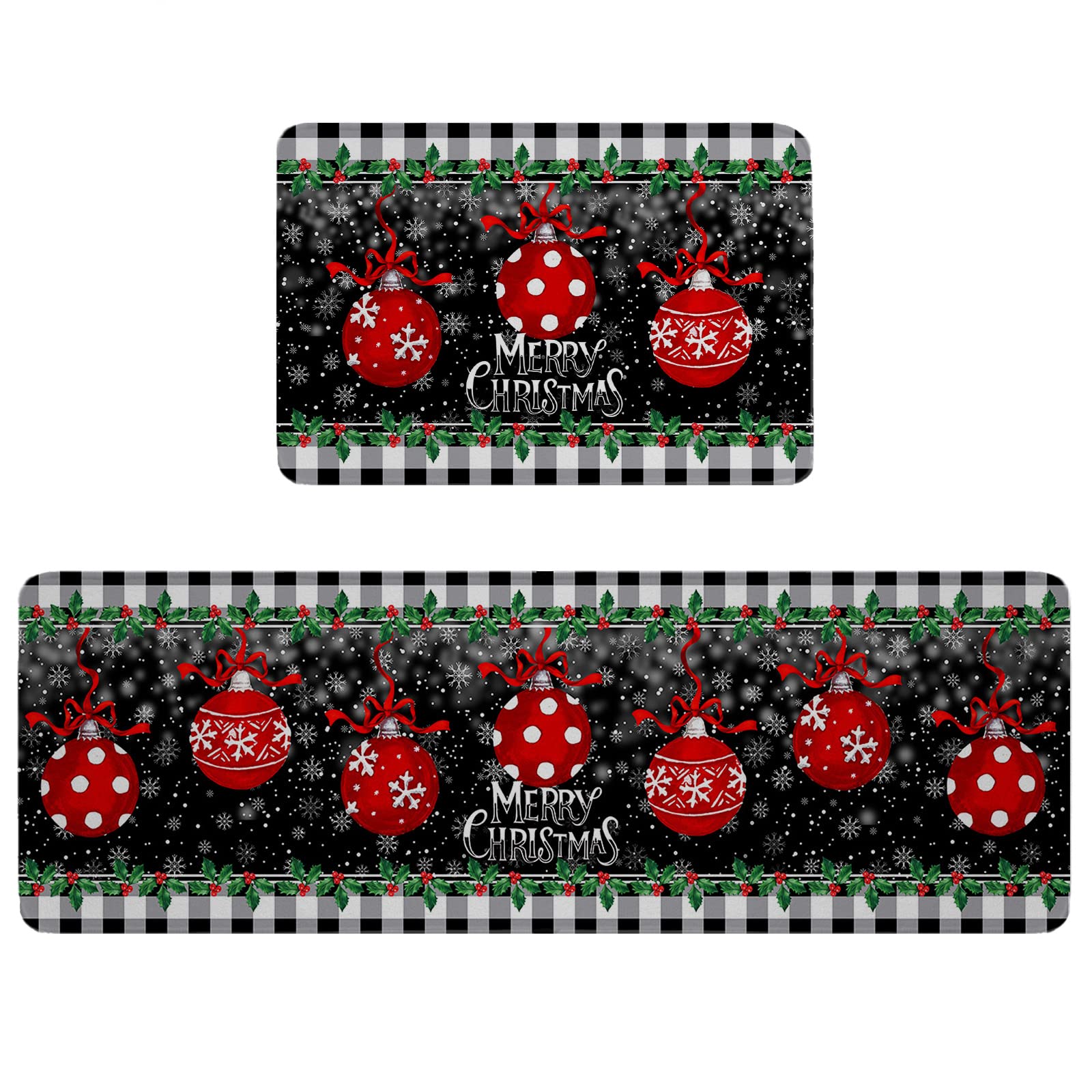 Kitchen Mat Rug Set of 2 Christmas Red Ball Winter Snow Black Buffalo Plaid Runner Rug Anti-Fatigue Comfort Memory Foam Standing Mat Non-Slip Floor Door Mat for Bathroom Bedroom 18x30in+18x60in