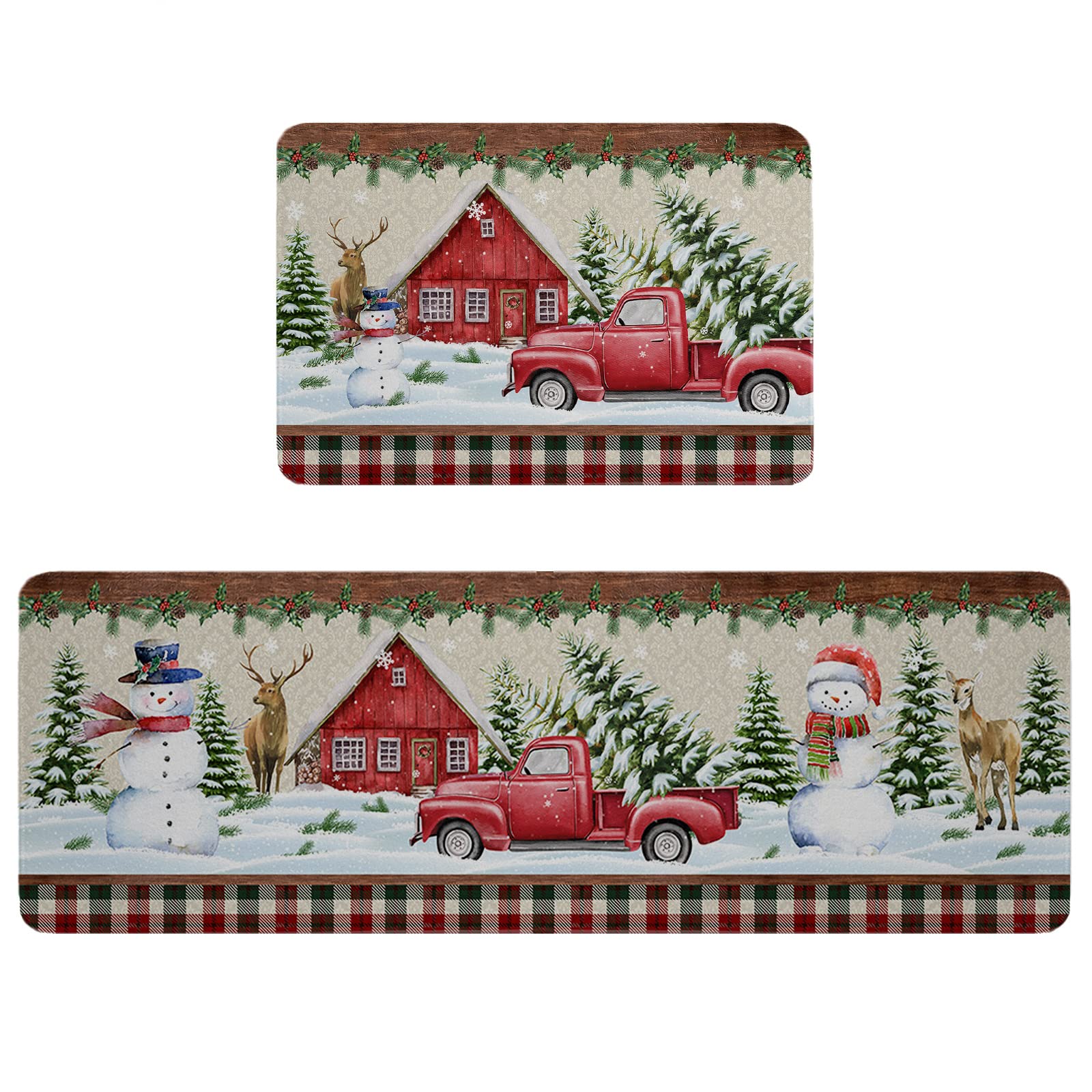 Libaoge Kitchen Mat Rug Set of 2 Christmas Snowman Tree Farmhouse Red Truck Runner Rug Anti-Fatigue Comfort Memory Foam Standing Mat Non-Slip Floor Door Mat for Bathroom Bedroom 24x35in+24x71in