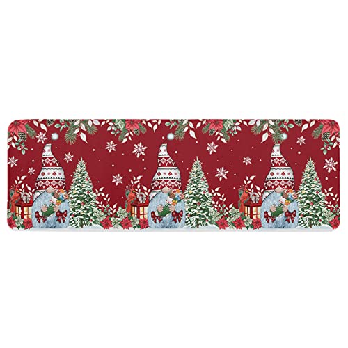 Libaoge Kitchen Mat Rug 1 PCS Christmas Gnome Xmas Tree Flowers Red Background Runner Rug Anti-Fatigue Comfort Memory Foam Standing Mat Non-Slip Floor Door Mat for Bathroom Bedroom 20x63in