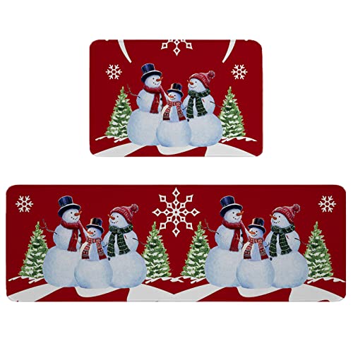 Libaoge Kitchen Mat Rug Set of 2 Christmas Snowman Xmas Tree Snowflake Red Runner Rug Anti-Fatigue Comfort Memory Foam Standing Mat Non-Slip Floor Door Mat for Bathroom Bedroom 18x30in+18x48in