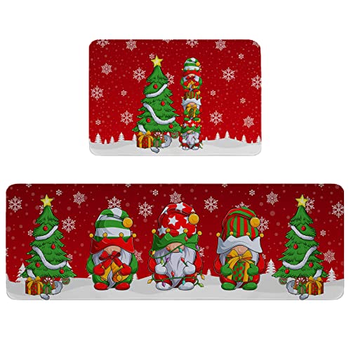 Libaoge Kitchen Mat Rug Set of 2 Christmas Gnome Xmas Tree Snowflake Red Runner Rug Anti-Fatigue Comfort Memory Foam Standing Mat Non-Slip Floor Door Mat for Bathroom Bedroom 20x32in+20x63in