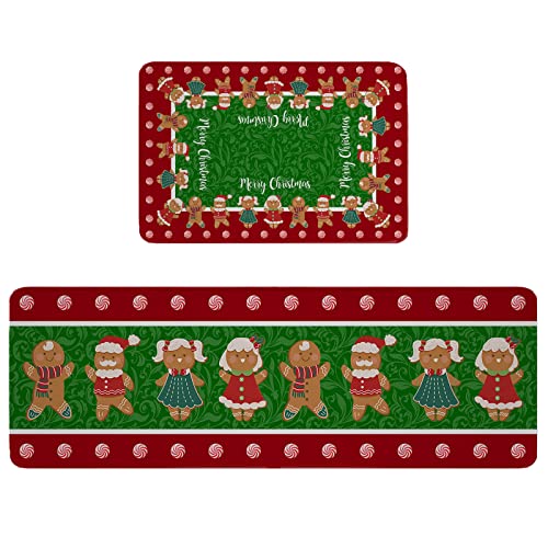Libaoge Kitchen Mat Rug Set of 2 Merry Christmas Gingerbread Man Green and Red Runner Rug Anti-Fatigue Comfort Memory Foam Standing Mat Non-Slip Floor Door Mat for Bathroom Bedroom 18x30in+18x60in
