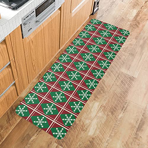 Kitchen Mat Rug 1 PCS Christmas Snowflake Red Green Diamond Plaid Runner Rug Anti-Fatigue Comfort Memory Foam Standing Mat Non-Slip Floor Door Mat for Bathroom Bedroom 18x47in