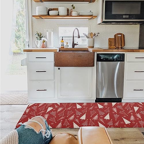 Libaoge Christmas Kitchen Mat Rug 1 PCS Xmas Tree Red Background Runner Rug Anti-Fatigue Comfort Memory Foam Standing Mat Non-Slip Floor Door Mat for Bathroom Bedroom 18x59in
