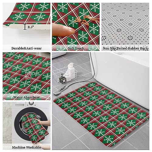 Kitchen Mat Rug 1 PCS Christmas Snowflake Red Green Diamond Plaid Runner Rug Anti-Fatigue Comfort Memory Foam Standing Mat Non-Slip Floor Door Mat for Bathroom Bedroom 18x47in