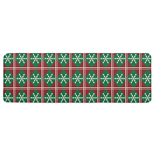 Kitchen Mat Rug 1 PCS Christmas Snowflake Red Green Diamond Plaid Runner Rug Anti-Fatigue Comfort Memory Foam Standing Mat Non-Slip Floor Door Mat for Bathroom Bedroom 18x47in