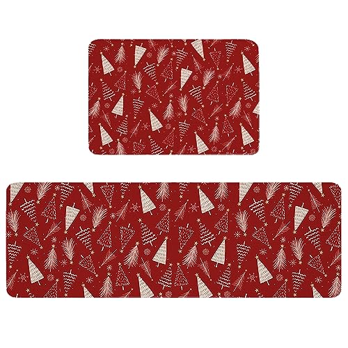 Libaoge Christmas Kitchen Mat Rug Set of 2 Xmas Tree Red Background Runner Rug Anti-Fatigue Comfort Memory Foam Standing Mat Non-Slip Floor Door Mat for Bathroom Bedroom 18x30in+18x48in