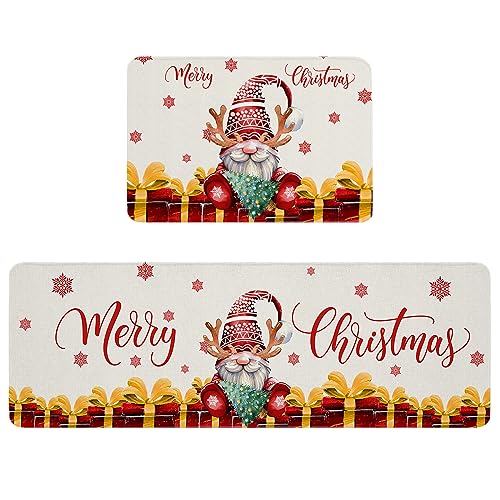 Libaoge Merry Christmas Kitchen Mat Rug Set of 2 Gnome with Horns Red Gift Box Runner Rug Anti-Fatigue Comfort Memory Foam Standing Mat Non-Slip Floor Door Mat for Bathroom Bedroom 16x24n+16x47in