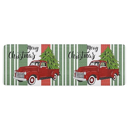 Merry Christmas Kitchen Mat Rug 1 PCS Red Truck with Xmas Tree Cotton Linen Texture Runner Rug Anti-Fatigue Comfort Memory Foam Standing Mat Non-Slip Floor Door Mat for Bathroom Bedroom 24x71in