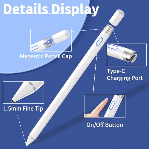 Stylus Pens for Touch Screens, Universal Fine Point iPad Pencil with Magnetic Cap for iPad, iPhone, Android, Tablet and Other Capacitive Touch Screen, Stylus Pen for iPad in Writing (White)