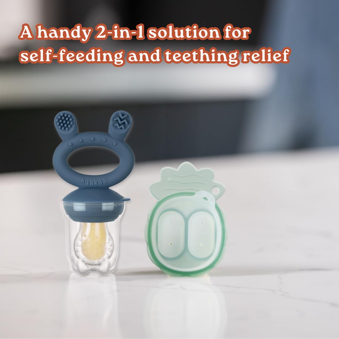 Haakaa Freeze-N-Feed Mini Combo with Silicone Food Feeder & Silicone Mini Nibble Tray|Baby Solid Food Self Feeder|Breastmilk Popsicle Mold Storage & Feeder for Soothing Baby Gums 1 PK