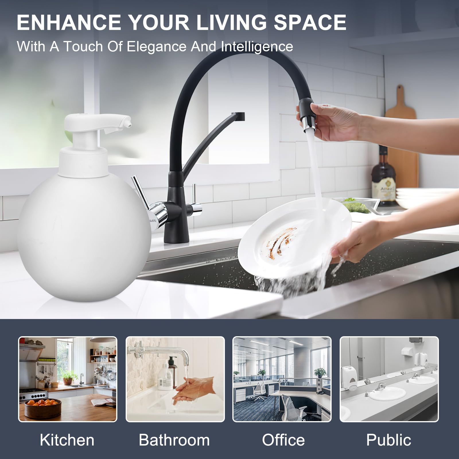 Phneems Automatic Soap Dispenser Foaming Touchless Auto Hands Free Foam Hand Soap Dispenser Rechargeable Electric Modern Smart Countertop Dish Soap Dispenser for Bathroom, Kitchen, Commercial White