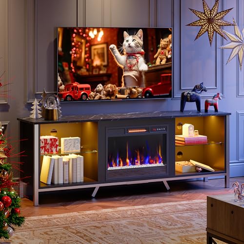 Bestier Fireplace TV Stand for 70/75 inch TV, Gaming LED Entertainment Center with 23 inch Electric Fireplace for PS5, Modern TV Console with Adjustable Glass Shelves for Living Bedroom Black Marble