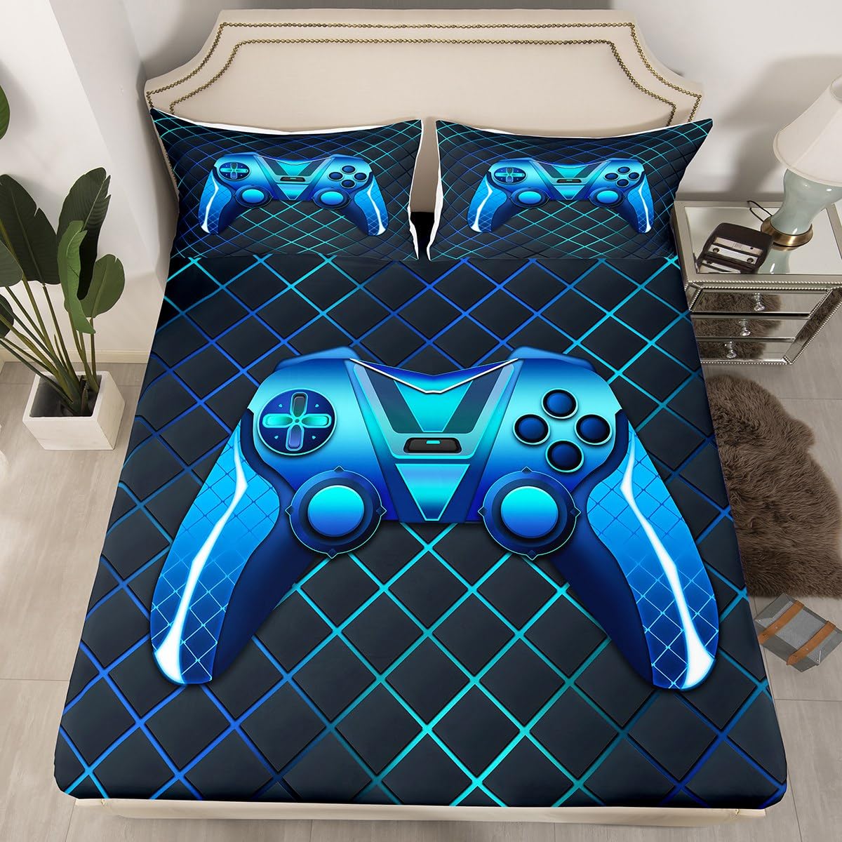 Erosebridal Gamer Bed Sheets Set for Boys, Gaming Sheet Sets Twin Size Video Game Contoller Sheets Gaming Gifts for Teenage Boys, Geometric Diamond Gamepad Flat Fitted Sheet with 1 Pillow Case, Blue