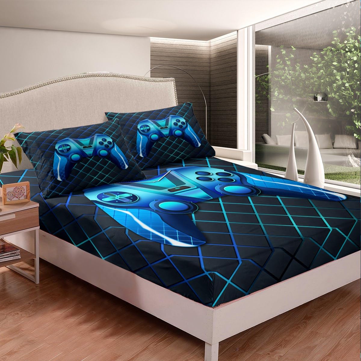 Erosebridal Gamer Bed Sheets Set for Boys, Gaming Sheet Sets Twin Size Video Game Contoller Sheets Gaming Gifts for Teenage Boys, Geometric Diamond Gamepad Flat Fitted Sheet with 1 Pillow Case, Blue