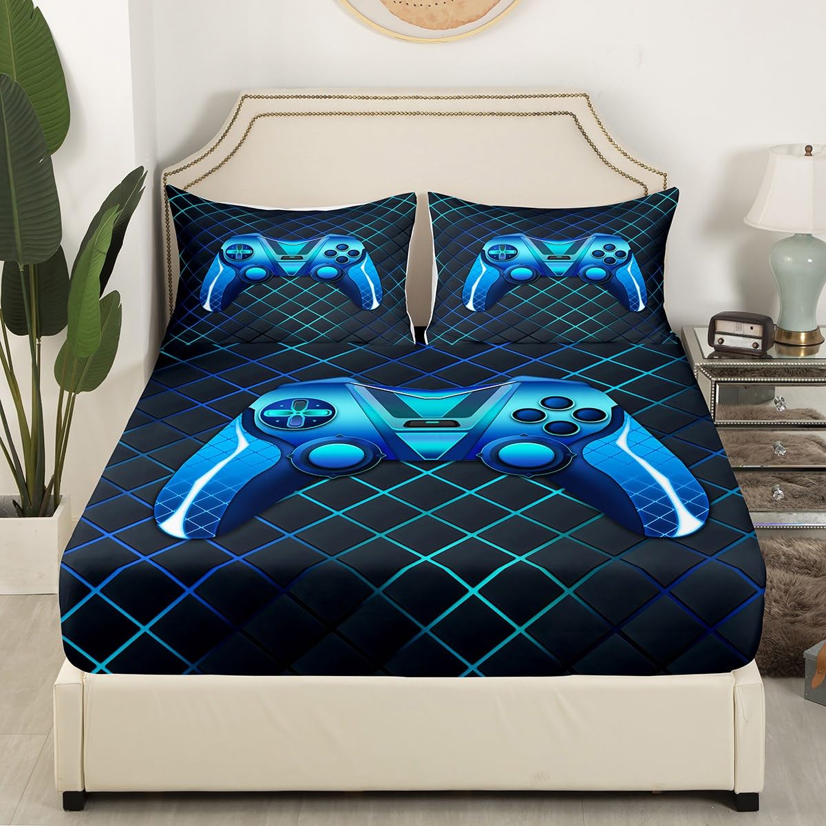 Erosebridal Gamer Bed Sheets Set for Boys, Gaming Sheet Sets Twin Size Video Game Contoller Sheets Gaming Gifts for Teenage Boys, Geometric Diamond Gamepad Flat Fitted Sheet with 1 Pillow Case, Blue