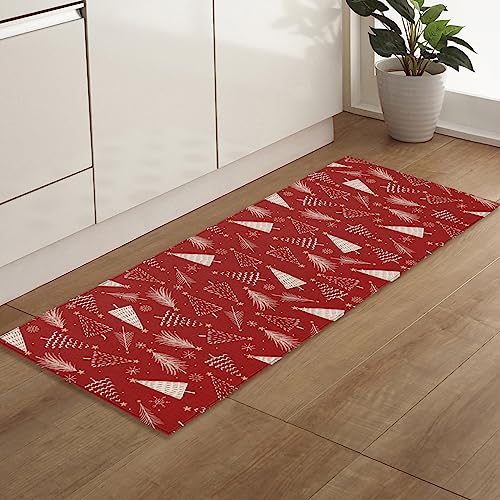 Libaoge Christmas Kitchen Rugs and Mats Set of 1 Xmas Tree Red Background Kitchen Sink Mat,Non-Slip Area Runner Rug,Washable Floor Mat for Home Dining Room Office 24"x71"