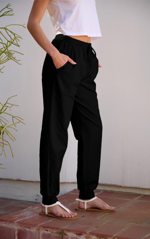 PURPEARL Cotton Linen Joggers for Women Stretchy Work Drawstring Elastic Waist Petite Pants Casual Trousers with Pockets Black