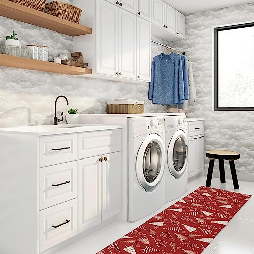 Libaoge Christmas Kitchen Rugs and Mats Set of 1 Xmas Tree Red Background Kitchen Sink Mat,Non-Slip Area Runner Rug,Washable Floor Mat for Home Dining Room Office 24"x71"