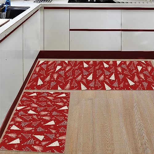 Libaoge Christmas Kitchen Rugs and Mats Set of 2 Xmas Tree Red Background Kitchen Sink Mat,Non-Slip Area Runner Rug,Washable Floor Mat for Home Dining Room Office 24"x35"+24"x71"
