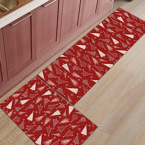 Libaoge Christmas Kitchen Rugs and Mats Set of 2 Xmas Tree Red Background Kitchen Sink Mat,Non-Slip Area Runner Rug,Washable Floor Mat for Home Dining Room Office 20"x32"+20"x47"