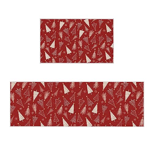 Libaoge Christmas Kitchen Rugs and Mats Set of 2 Xmas Tree Red Background Kitchen Sink Mat,Non-Slip Area Runner Rug,Washable Floor Mat for Home Dining Room Office 20"x32"+20"x63"