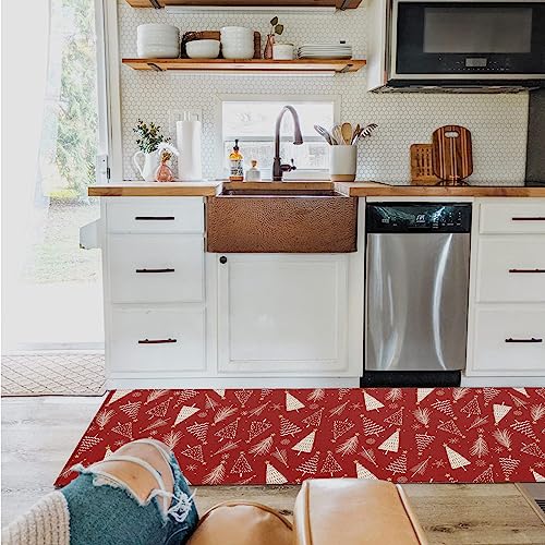 Libaoge Christmas Kitchen Rugs and Mats Set of 1 Xmas Tree Red Background Kitchen Sink Mat,Non-Slip Area Runner Rug,Washable Floor Mat for Home Dining Room Office 20"x63"