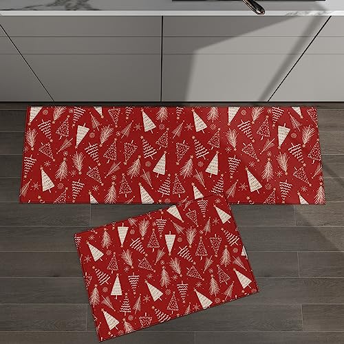 Libaoge Christmas Kitchen Rugs and Mats Set of 1 Xmas Tree Red Background Kitchen Sink Mat,Non-Slip Area Runner Rug,Washable Floor Mat for Home Dining Room Office 20"x63"